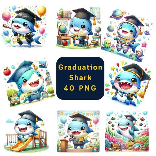 Graduation shark watercolor chibi cute shark clipart, Adorable ...