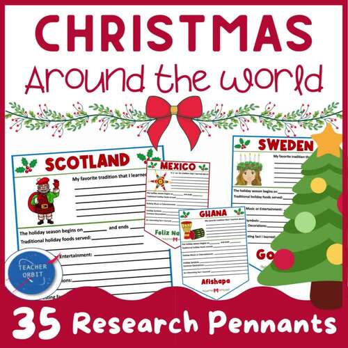 Christmas Around the World Research Activity Pennants | December Holiday