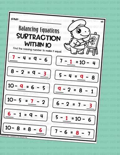 1st Grade Balancing Equations Subtraction Within 10 Worksheets Spring ...