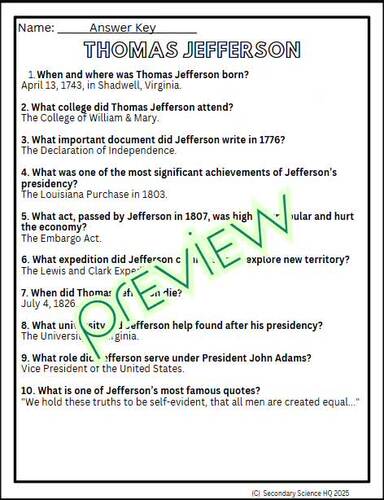 Thomas Jefferson Study Guide with Worksheet, PDF Coloring and Review ...