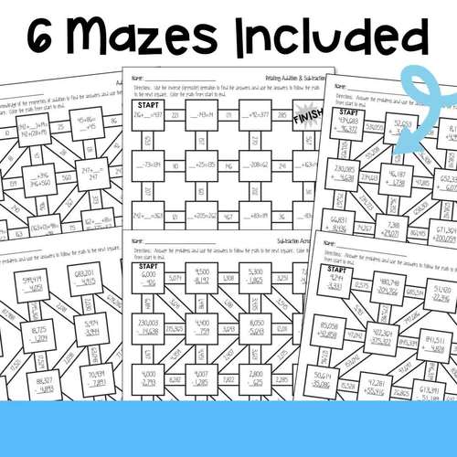 Multi Digit Addition and Subtraction Math Maze Worksheets 4th Grade