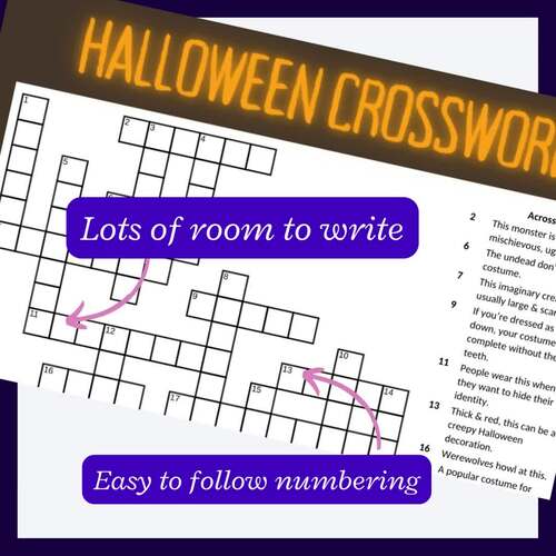 Halloween crossword puzzle #1 perfect for substitute teachers (grade 4+)
