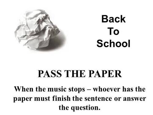 Pass the Paper game. Back To School. Speaking. ESL. EFL. Questions. Fun.