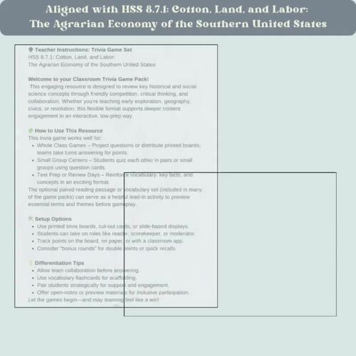 Agrarian Economy and Cotton in the South — Trivia Game HSS 8.7.1