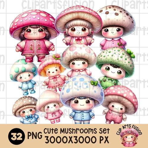 Cute Mushrooms Characters With Pastel Outfit Clip Art | Vegetable Theme