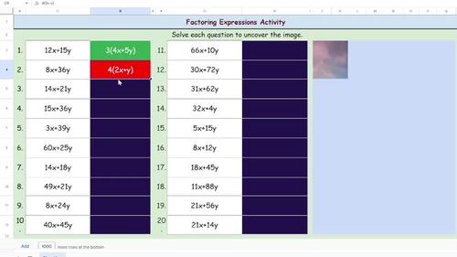 Factoring Expressions Digital Mystery Picture Art Activity 7th Grade