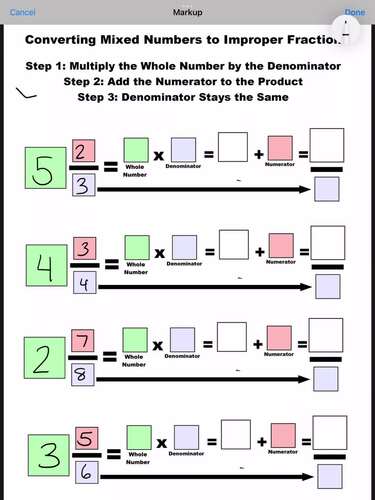 Convert Mixed Numbers to Improper Fractions Color Coded Graphic Organizer