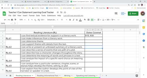 6th Grade ELA Common Core Digital Learning Goal Chart and Teacher ...
