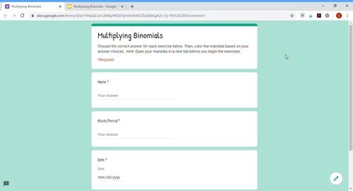 Multiplying Binomials Google Apps Color by Number (Digital) by Funrithmetic