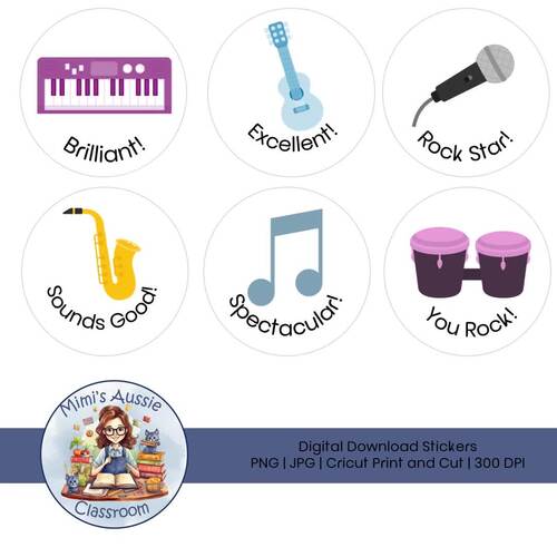 Musical Instruments, Digital Teacher Merit Stickers, 2.5cm Round Stickers