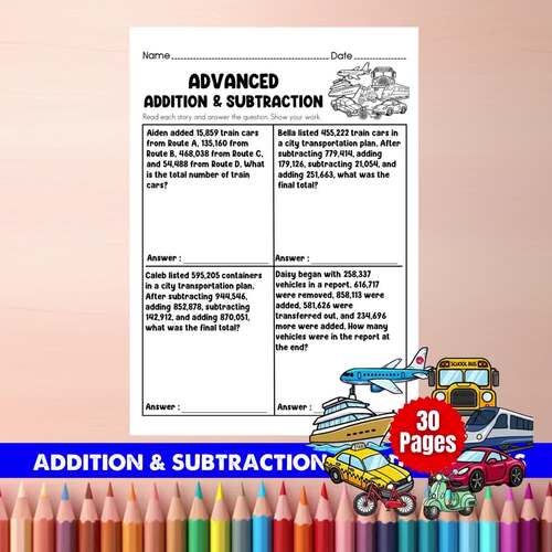 Grade 5 Advanced Addition & Subtraction Word Problems | Transportation ...