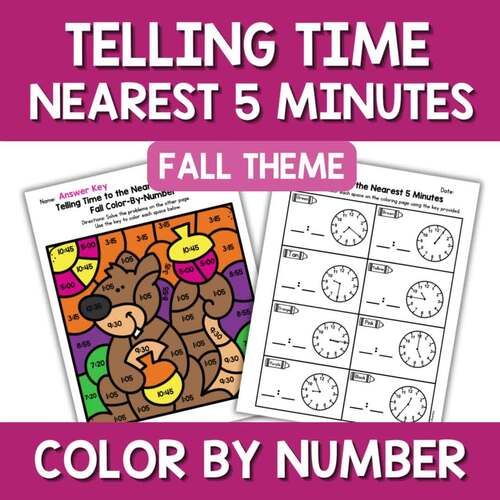 Time to 5 Minutes Color by Number Code | Fall Theme 2nd Grade Math ...