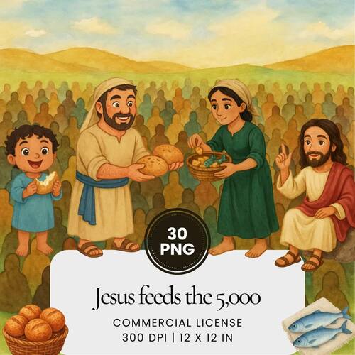 Jesus Feeds the 5,000 New Testament Bible Story Watercolor Clipart