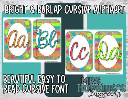 Cursive Alphabet Cards in Burlap and Bright Classroom Decor Theme