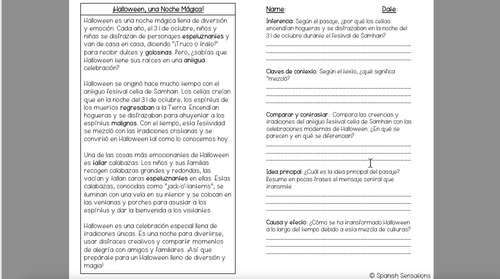 Spanish October Reading Comprehension Passages 3rd-4th Comprensión Lectoras