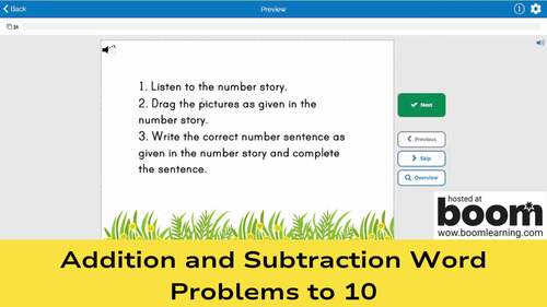 Addition & Subtraction Word Problems to 10 Digital Boom Cards K-1