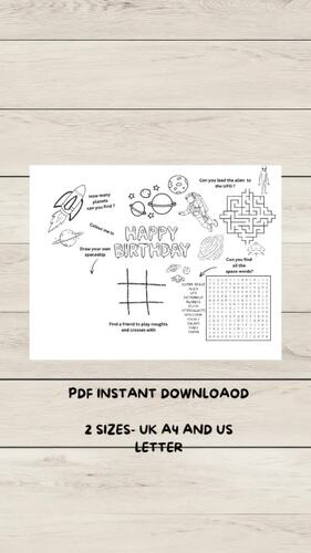 Outer Space Birthday Activity Placemat, Coloring Page, Activity Games ...