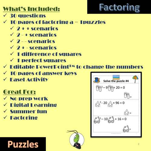 Summer Factoring Trinomials A=1 | Number Sense Logic Puzzles | Algebra 1