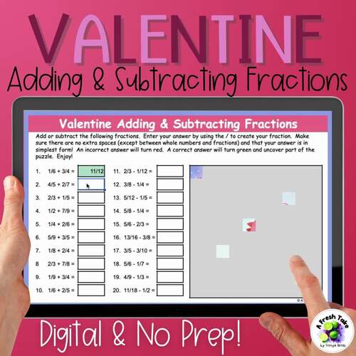 Valentine's Day Pixel Art Math Adding Subtracting Fractions for Google ...