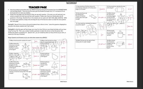8th Grade Math Measurement Review Activity: BINGO (Identifying Formulas)