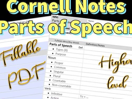 Scaffolded PARTS OF SPEECH in Cornell Notes Form! Fillable PDF ...