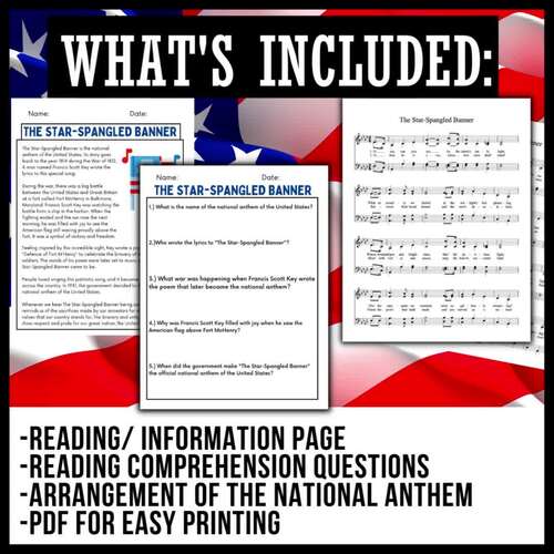 National Anthem Reading Comprehension Worksheet & Sheet Music (Grades 3-5)