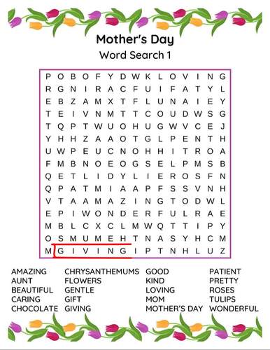 Mother’s Day Word Search Puzzle Game Printable PDF in A4 and US Letter