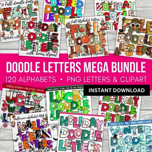Doodle Letters MEGA Bundle - 120 Doodle Alphabets and Clipart PNG files