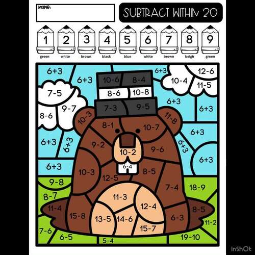 Groundhog Day Addition and Subtraction Coloring Activities for 1st Grade