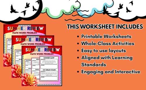 Summer Review Math Word Problem Worksheet,2nd,3rd,4th,5th,6th,7th,8thGr