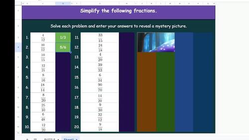 Simplifying Fractions Math Picture Mystery 5th Activity by Math Mania store