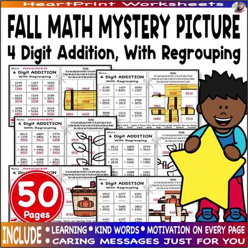 Fall math mystery picture, 4 digit Addition with regrouping, Color, B&W ...