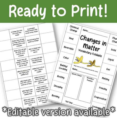 Changes in Matter Vocabulary Science Study Foldable and Mini Flashcards
