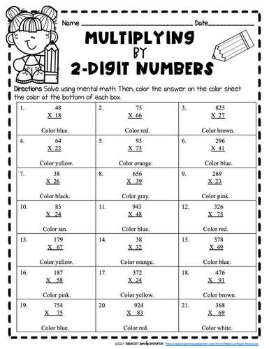 Multiplying by 2-Digit Numbers: Color by Number-Back to School Theme