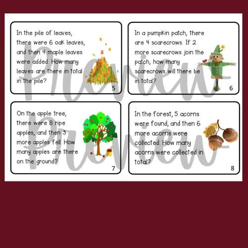 Fall Addition Word Problems, Math Task Cards for Centers | TPT