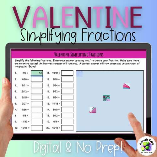 Pixel Art Math Valentine's Day Simplifying Fractions Google Sheets Activity