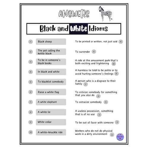 Idioms worksheets & memory game (Black & White), 4th-12th grades, EFL/ESL
