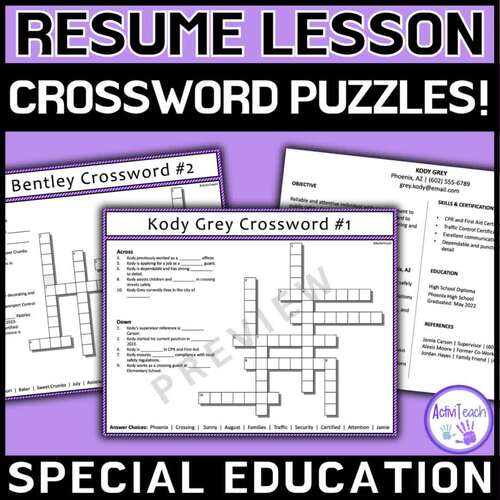 Resume Lesson Resume Crossword Puzzles Resume Comprehension Special ...
