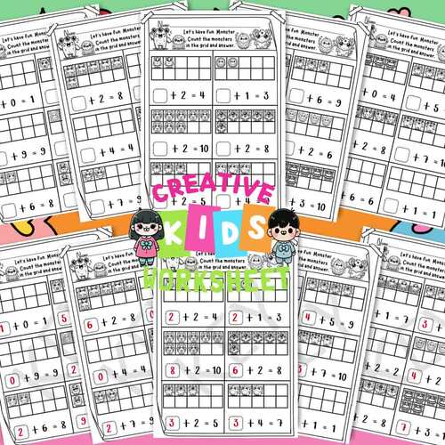 Addition Monsters within 10 Math, Ten Frame Addition Monsters Worksheets
