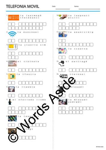 Spanish Vocabulary Worksheet Card Crossword Word Search Anagram MOBILE ...