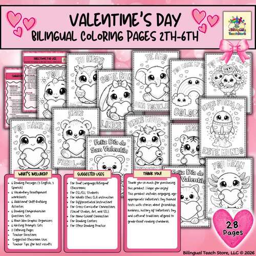 Cute Valentine's Day Bilingual Coloring Pages English & Spanish 2nd-6th