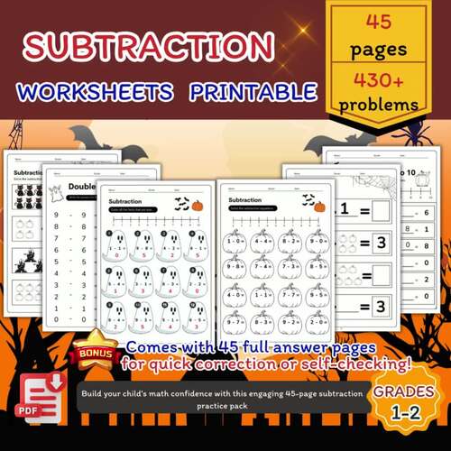 Halloween Subtraction Worksheets Bundle | 430+ Problems |No Prep + Easel