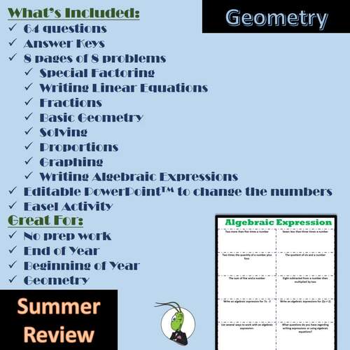 Geometry Summer Review of Algebra 1 Packet EDITABLE | Back to School Review