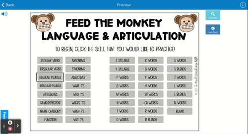 Feed the Monkey Language & Articulation | Speech Therapy | BOOM CARDS™