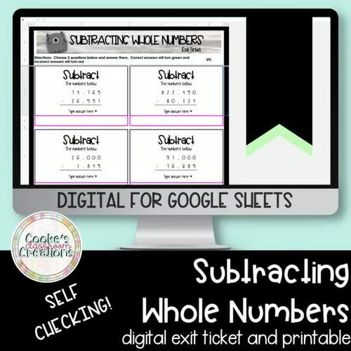 Subtracting Whole Numbers Digital Exit Ticket/Quiz and Printable