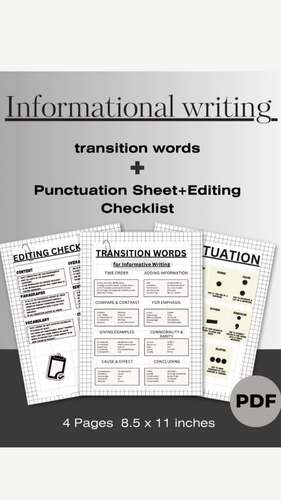 Informational writing transition words + Punctuation + Editing Checklist