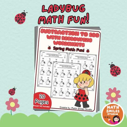 Ladybug Subtraction to 100 With Regrouping Worksheets | Spring Math Grade2