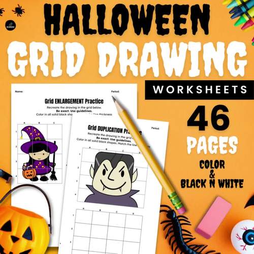 Halloween Art Grid Drawing Activity: No Prep, Sub Friendly : Middle School
