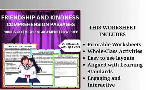 FRIENDSHIP AND KINDNESS COMPREHENSION PASSAGES | 20 Q&A KEYS | GRADE 3-8