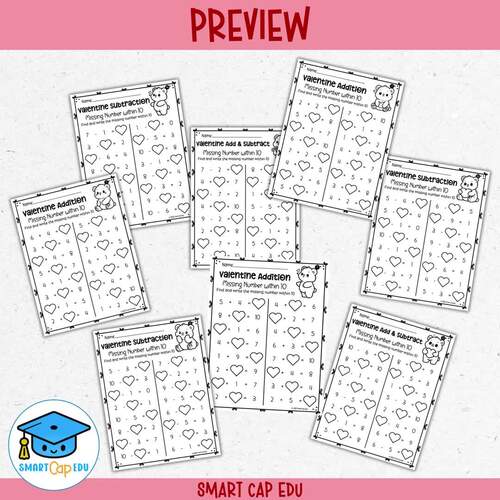 Valentine Missing Number Addition & Subtraction within 10 | Kindergarten